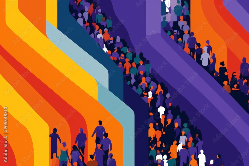 A colorful drawing of a crowd of people walking down a hallway. The ...