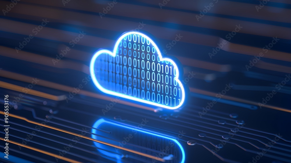 Futuristic cloud computing concept with a binary code cloud in a high-tech environment ...
