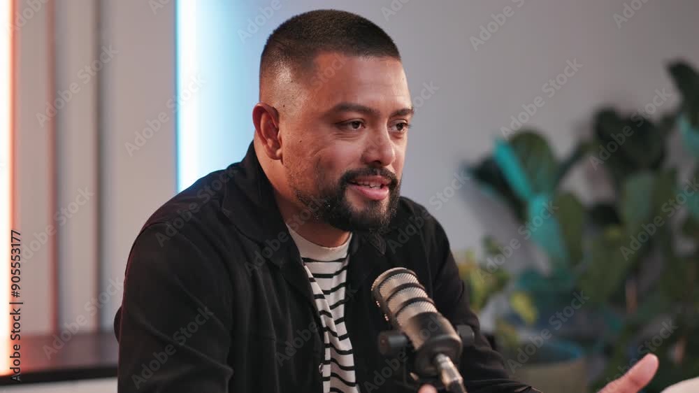 Creative, microphone and podcast with host man in recording studio for ...