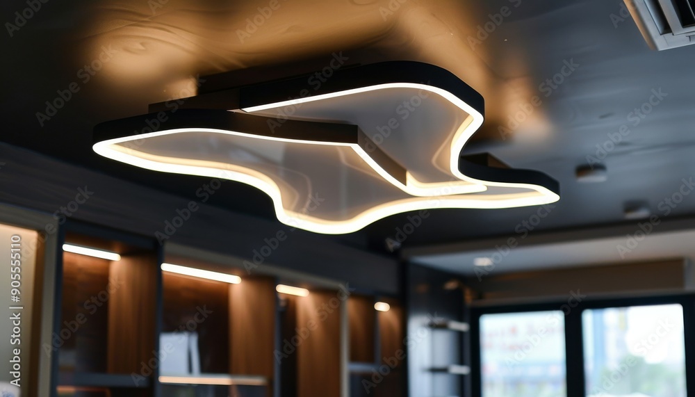 Modern black ceiling light fixture with a unique wave design. It emits ...
