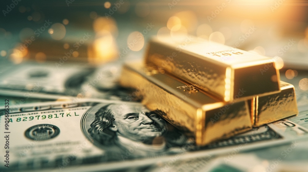 Layered gold bars and currency notes forming a wealth emblem, Realistic ...