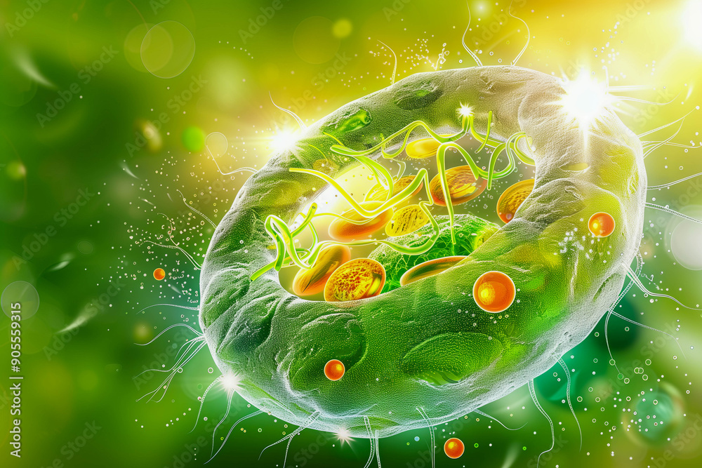 Plant cell undergoing photosynthesis, with chloroplasts capturing ...