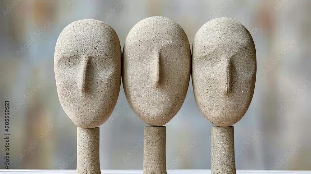 The three stone heads are arranged in a row and look in the same ...