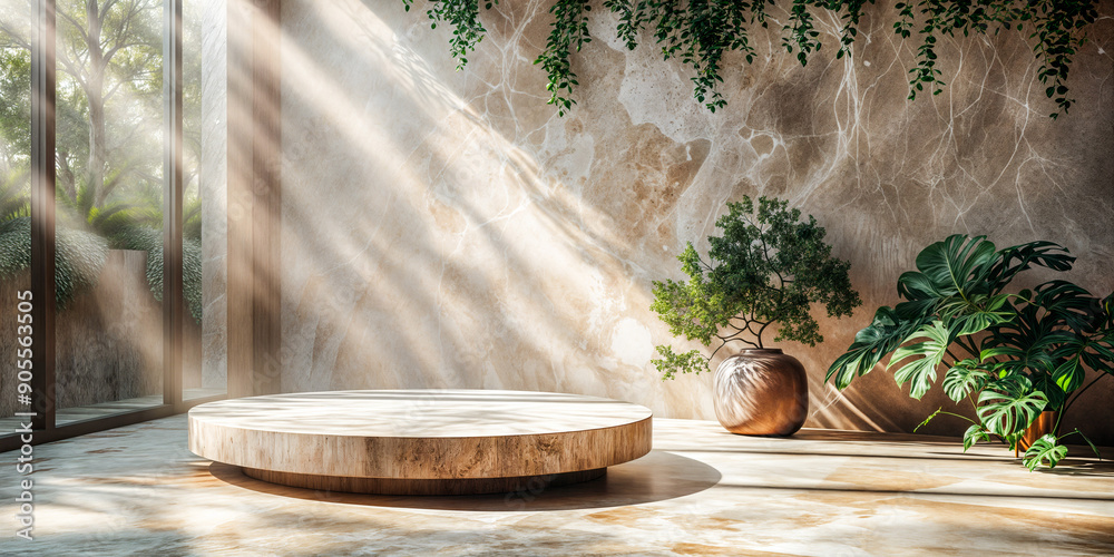 Podium vide rond dans un pièce en marbre avec des plantes et une baie ...