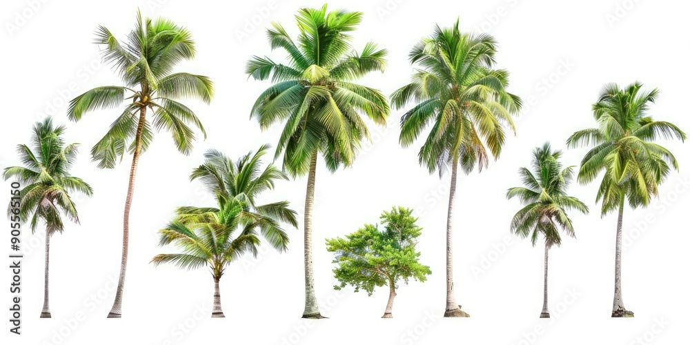 Beautiful green coconut trees on different trunks, white background. AI ...