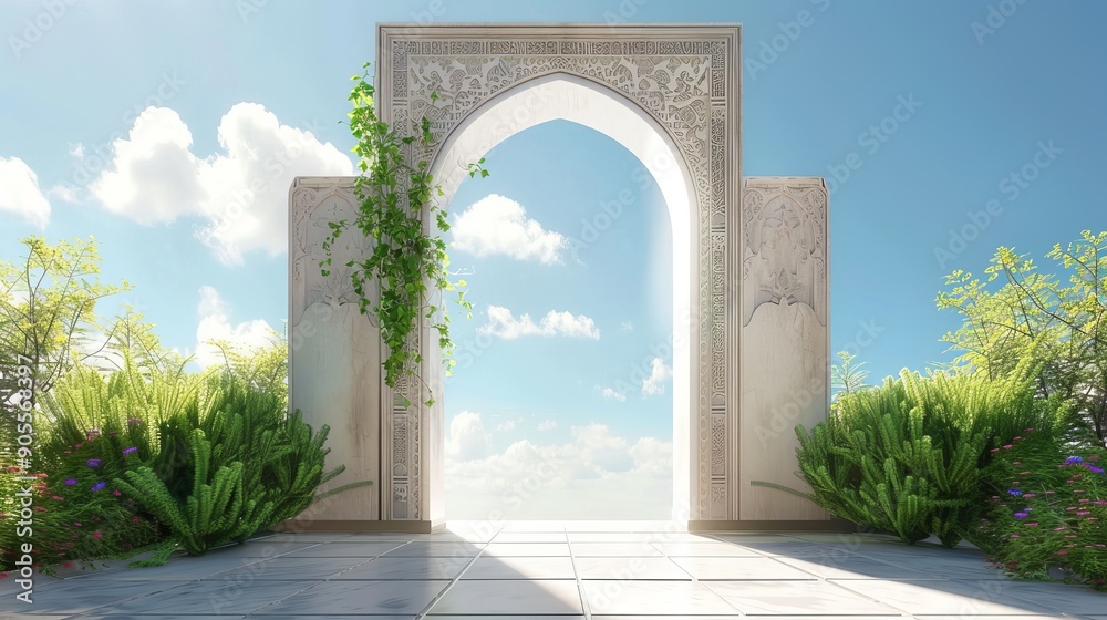 Mosque door with a background of a green garden and blue sky Stock ...