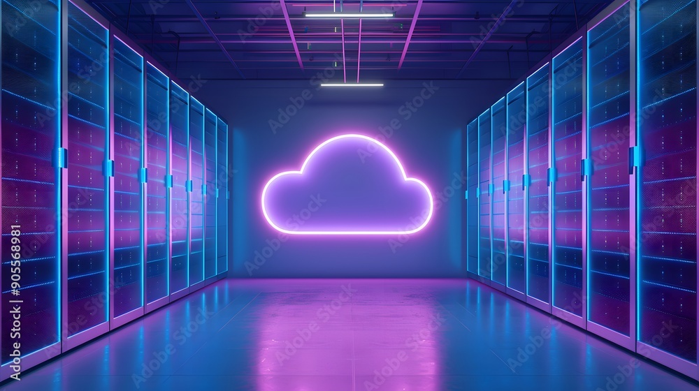 Neon cloud sign glowing in a futuristic data center with a purple and blue color scheme ...