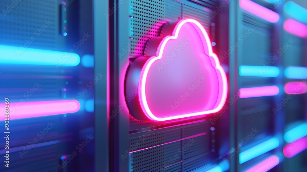 Neon pink cloud symbol on a server rack, representing cloud computing ...