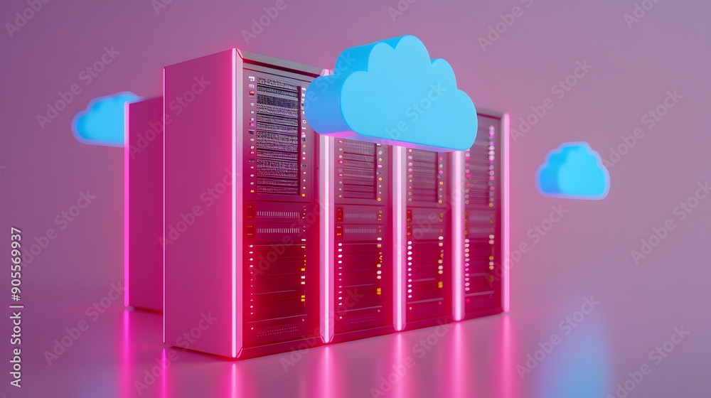 Server racks with blue cloud icons in a pink and purple gradient ...