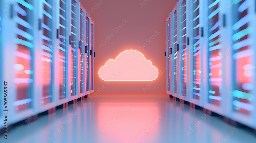 Servers in a modern data center with a glowing cloud icon representing cloud computing ...