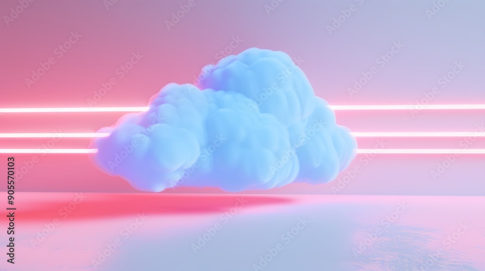 Surreal floating cloud with neon lights in a pastel-colored environment ...