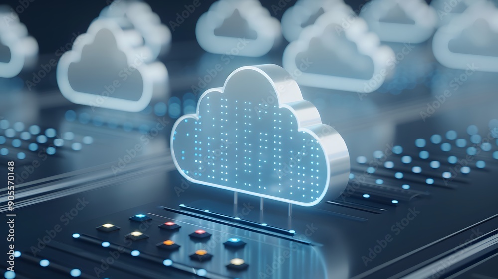 Technology concept of cloud computing with multiple digital clouds on a ...