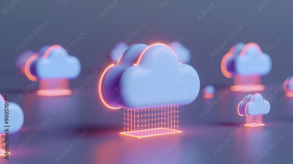 Vibrant 3D illustration of glowing cloud icons in a digital environment representing cloud ...