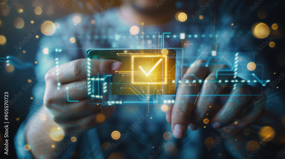 Confirming secure online payment: Person using a credit card through a ...