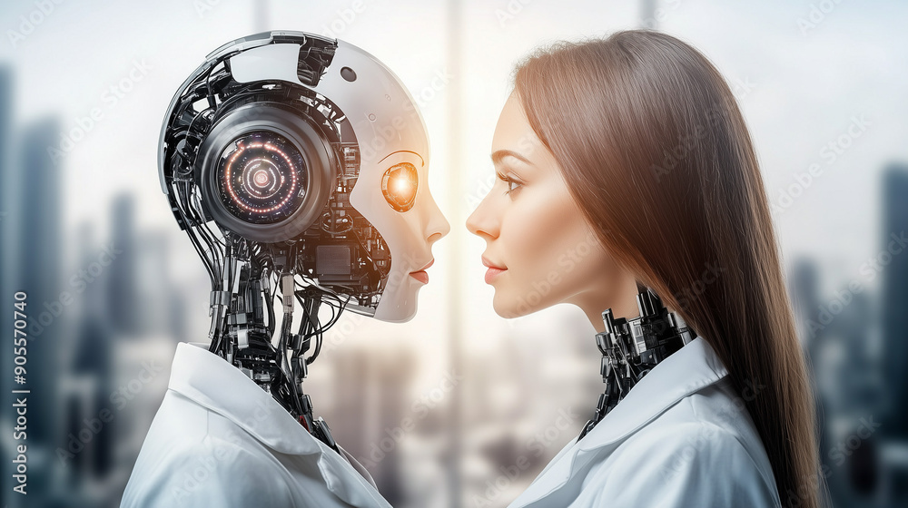 Side Profile of Human Woman and Robotic Head Face-to-Face in Urban ...