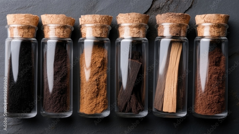 A collection of glass vials filled with various spices and powders ...