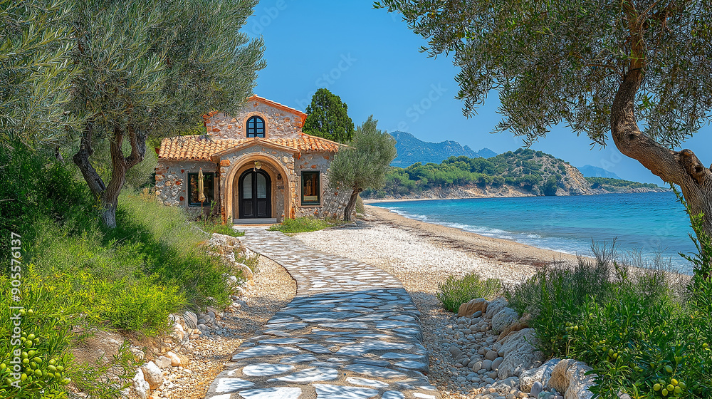 A telephoto angle photo of a traditional Greek-style house with a stone ...