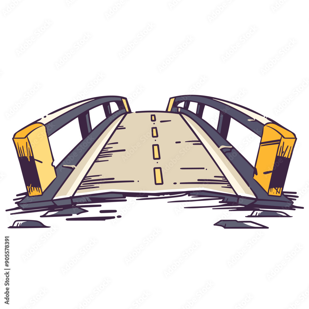 Cartoon bridge damaged after disaster, broken structure midcollapse ...