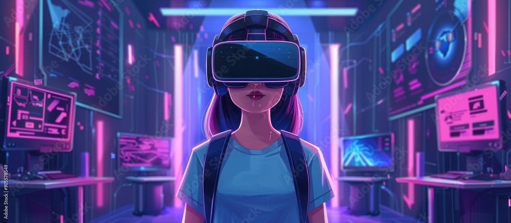 Woman transforming into a avatar in the metaverse Female gamer entering ...