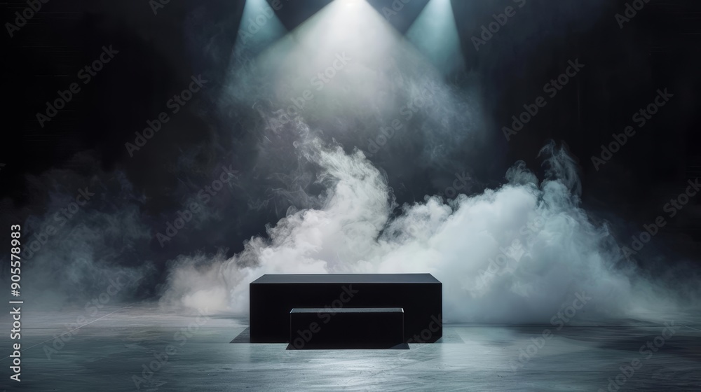 Gothic black stage shrouded in smoke, spotlight emphasizing the central ...