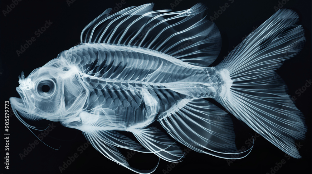 X-ray image displaying the intricate skeletal structure of a fish ...