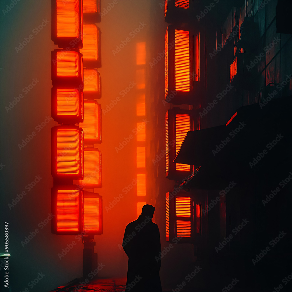red orange apocalyptic street in a dystopian city with volumetric ...
