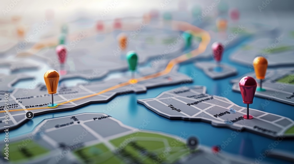 Detailed map with colorful pins marking key points in a GPS navigation ...
