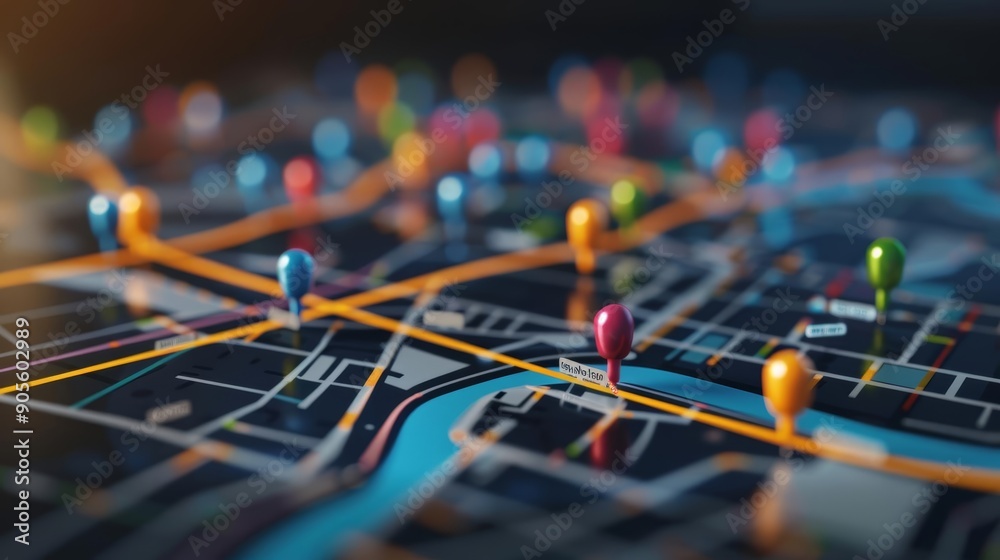 Detailed map with colorful pins marking key points in a GPS navigation ...