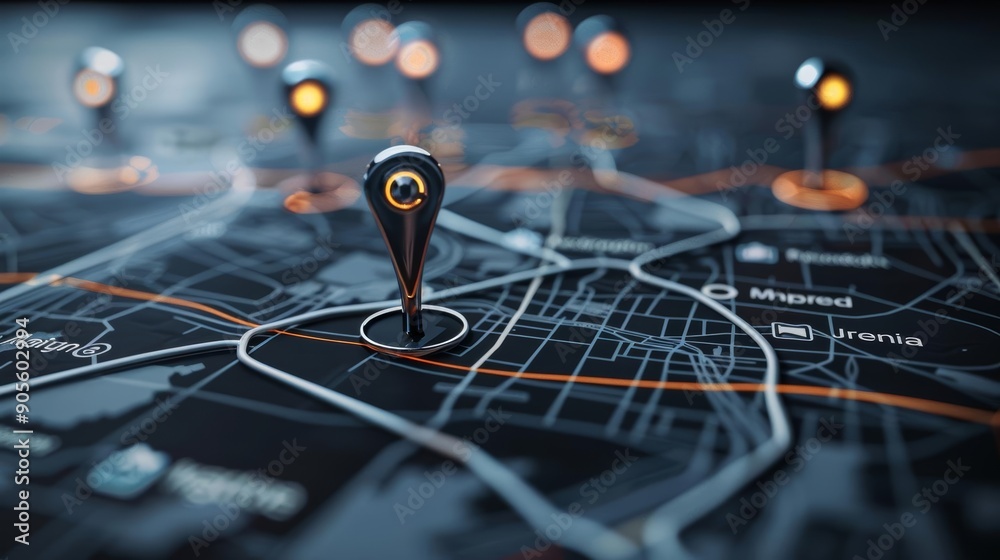 Digital map with highlighted pins indicating specific locations for ...