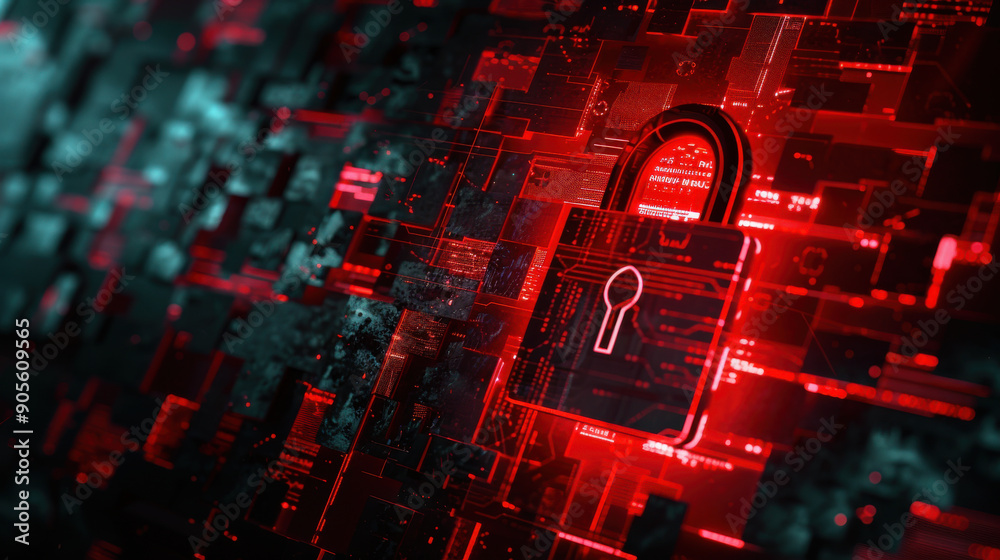 Digital breach visual featuring a red warning padlock and signs of a ...