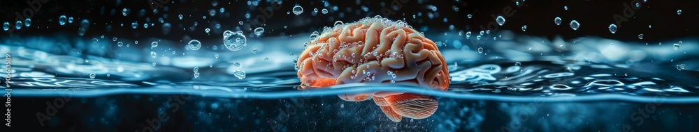 Mindful Brain Submerged in Water with Bubbles and Splashes, Symbolizing ...