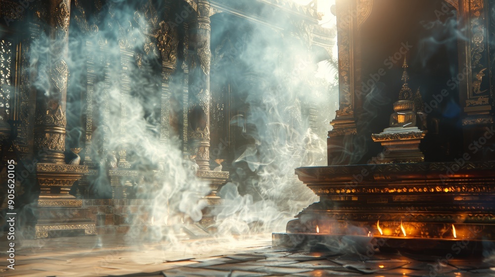 Incense smoke wafting in a temple, evoking the sensory experience of ...
