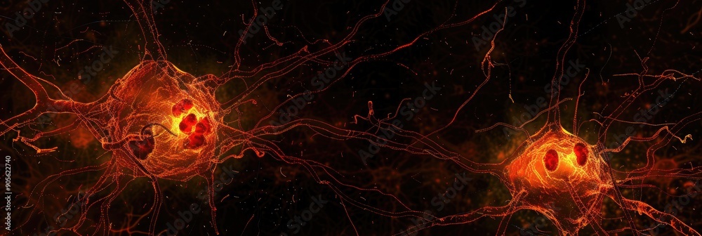 Microscopic view of Nissl bodies in the cell body of two neurons ...