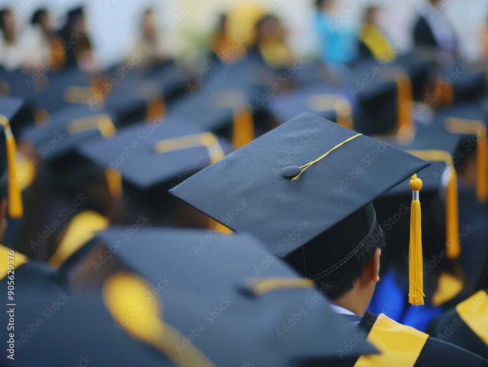 A group of people wearing black and yellow graduation caps. Concept of ...