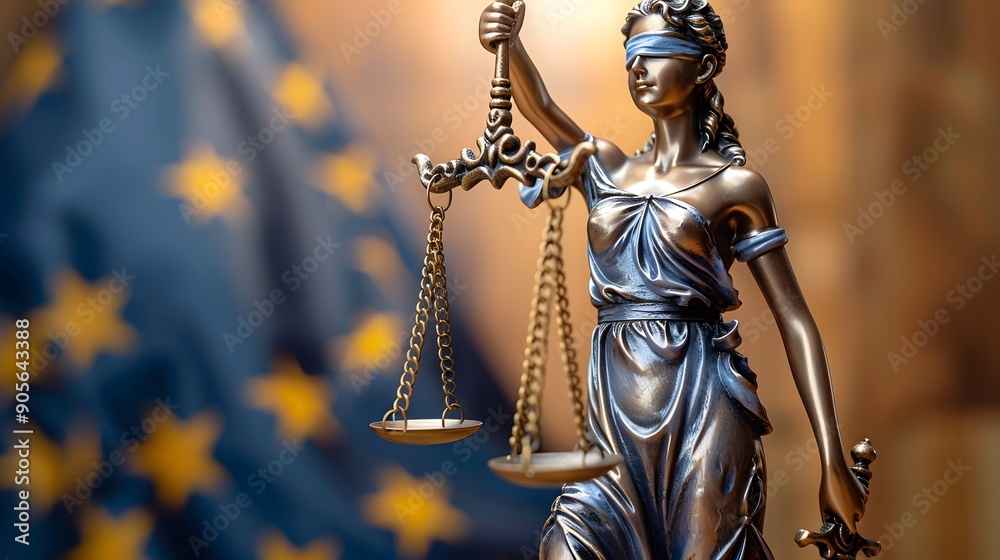 A statue of a woman holding scales and a blindfold. The statue is ...