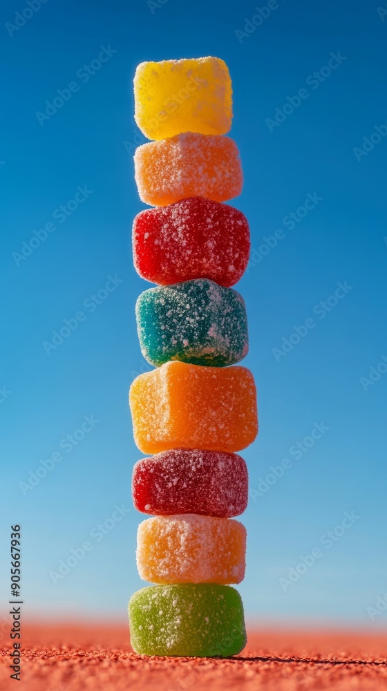 Vertical stack of colorful sugar-coated candies on a vibrant blue and ...