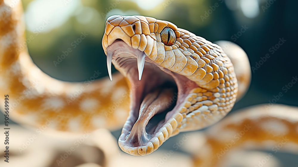 Close-up view of a snake with open mouth showing fangs, highlighting ...
