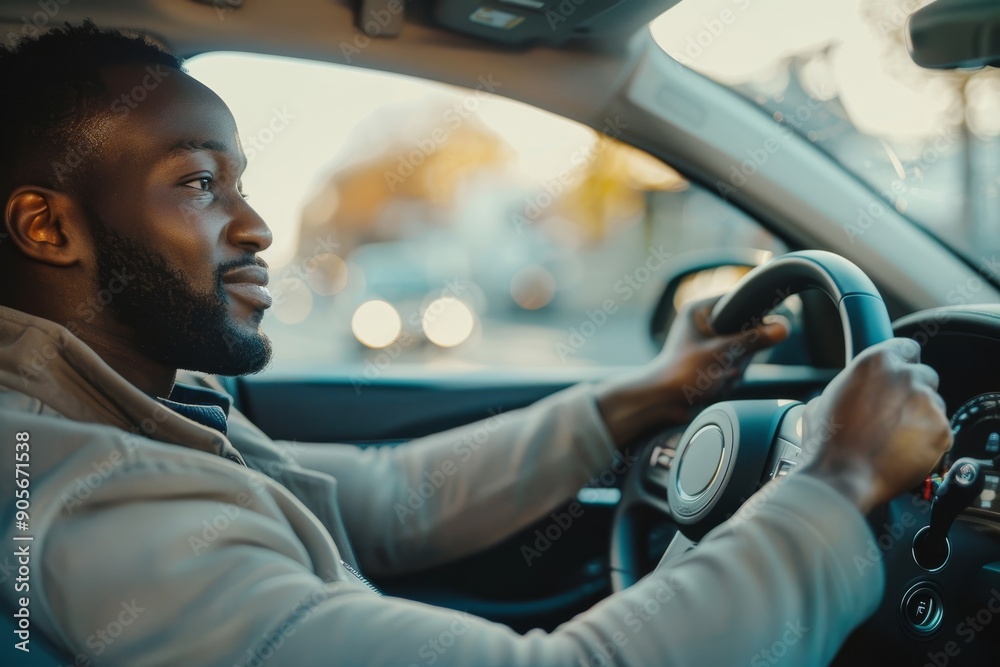 Road playlist. Happy black man driving car and checking automobile ...