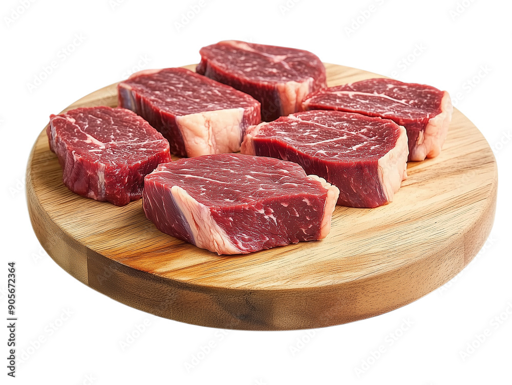 Carne crua bovina, fatiada sobre uma tábua de corte e isolado em um ...