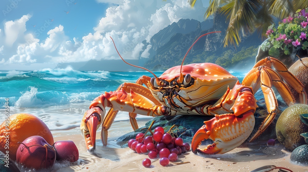 Vibrant Coastal Scene Featuring a Large Crab Amid Tropical Fruits and ...