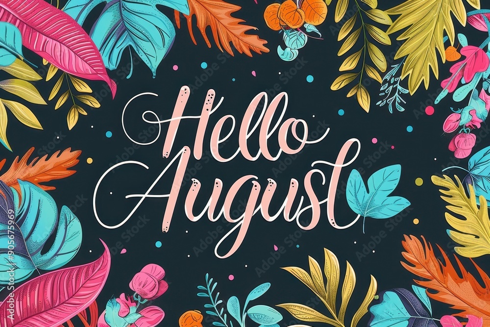 "Hello August", colorful cursive text, black background cute font ...