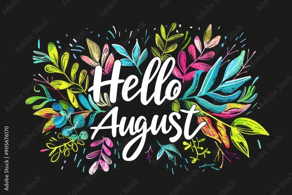 The words "Hello August" in a colorful cursive font with leaves, on a ...