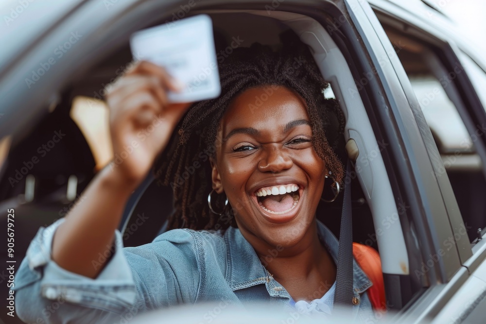 Excited woman sitting in her car and showing new driver license ...