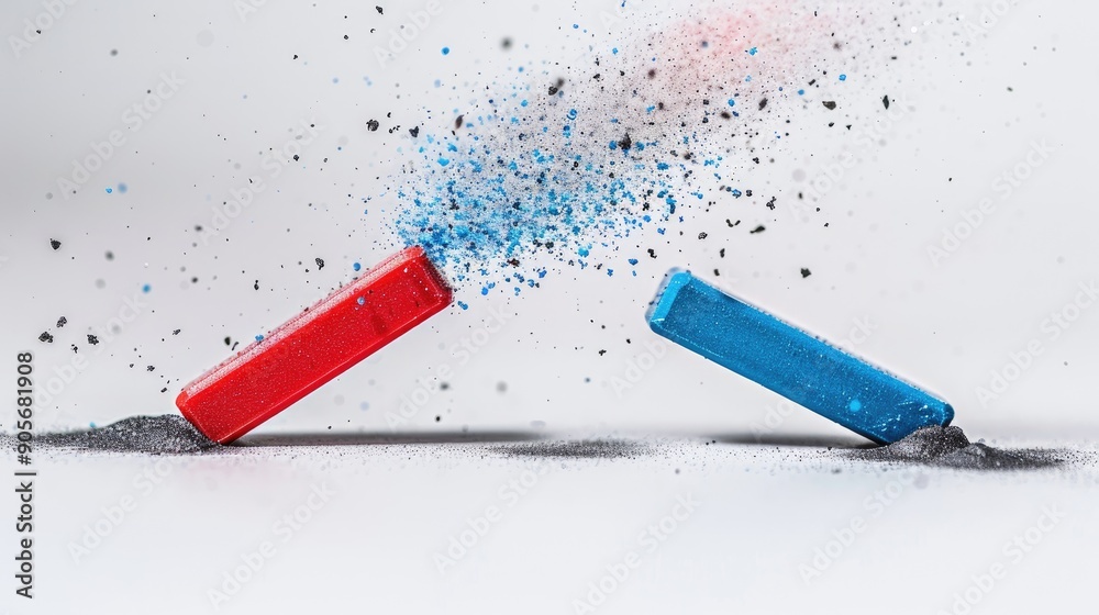 Red and blue bar magnet creating magnetic field with iron powder on ...