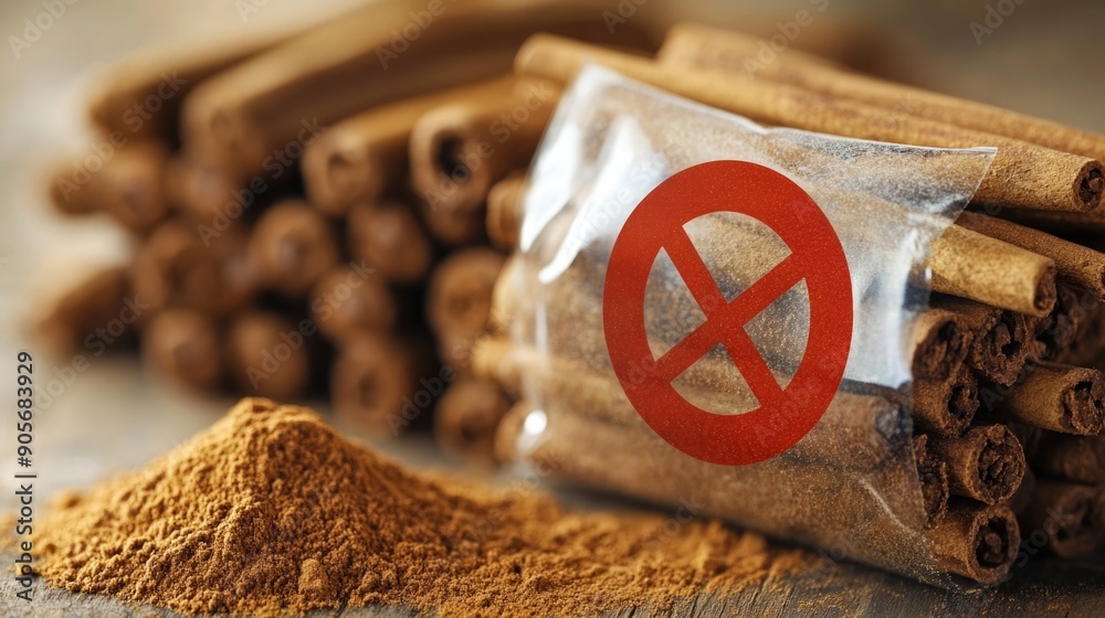A package of ground cinnamon with a large red warning label indicating ...
