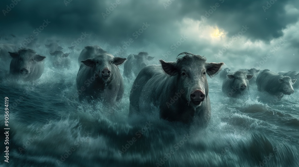 Herd of pigs running down a steep slope into the sea, bible story Stock ...