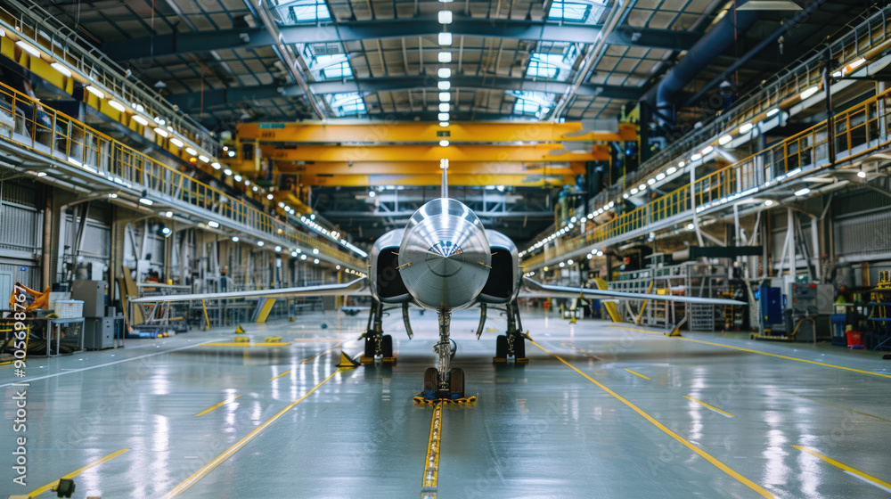 Futuristic airplane being built at modern aerospace factory, secret ...