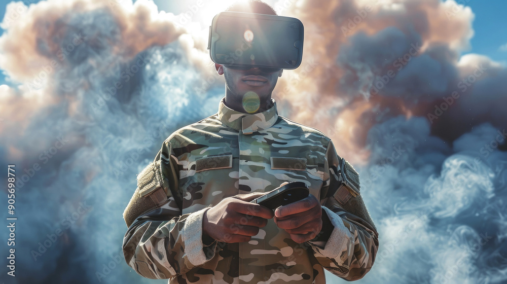 Soldier in futuristic VR glasses holds remote control, portrait of man ...