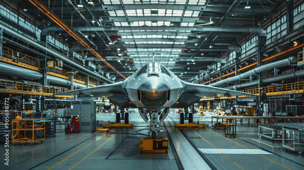 Futuristic airplane being built at modern aerospace factory, military ...