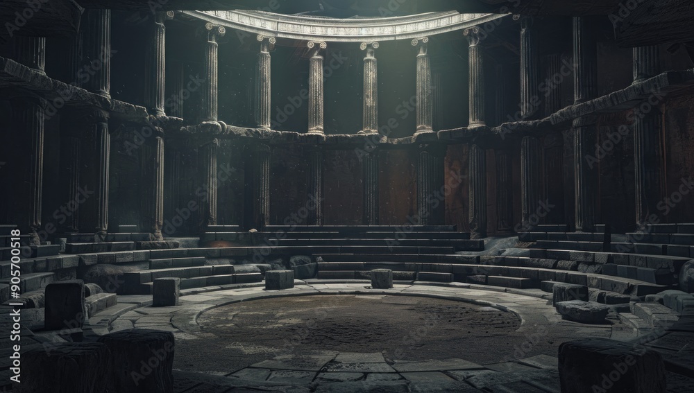 Ancient Roman Ruins, a circular chamber with stone seats and pillars ...